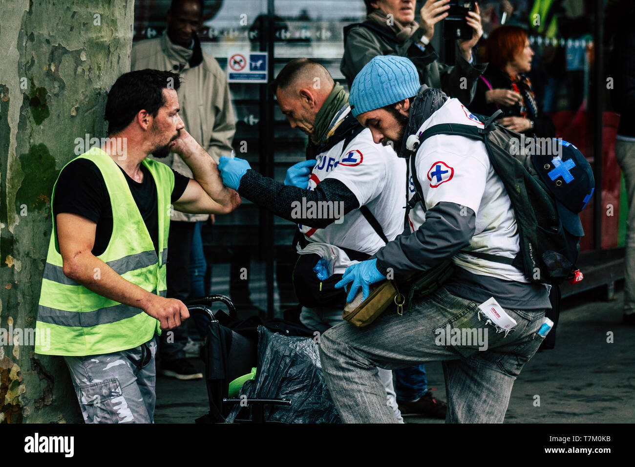 Paris France May 04, 2019 View of French street medic helping a ...
