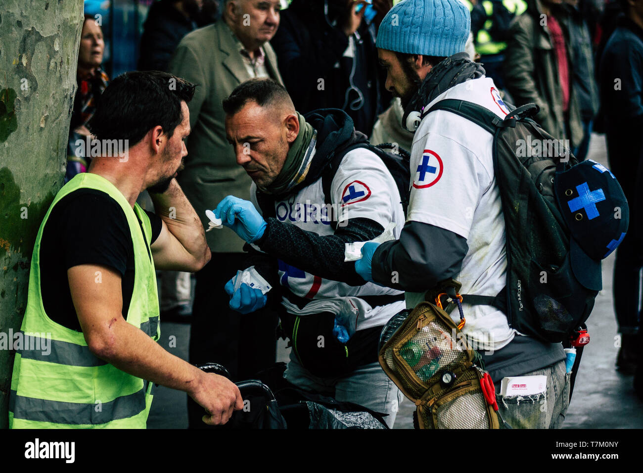 Paris France May 04, 2019 View of French street medic helping a ...