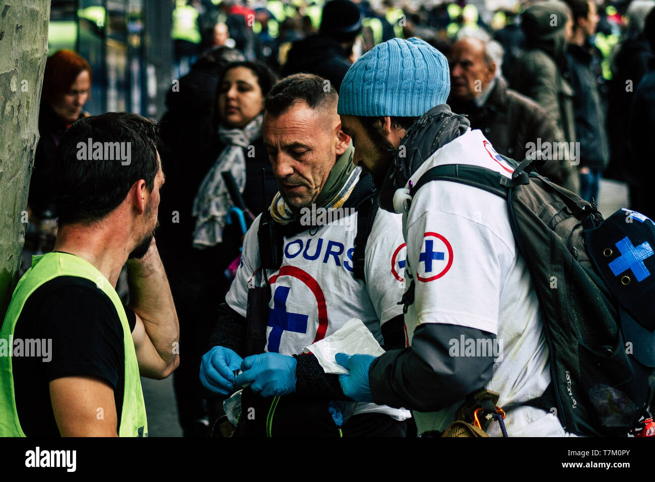 Paris France May 04, 2019 View of French street medic helping a ...