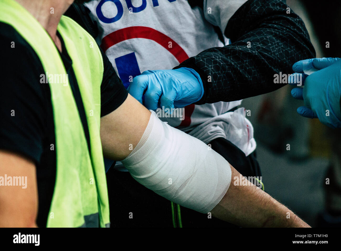 Paris France May 04, 2019 View of French street medic helping a ...