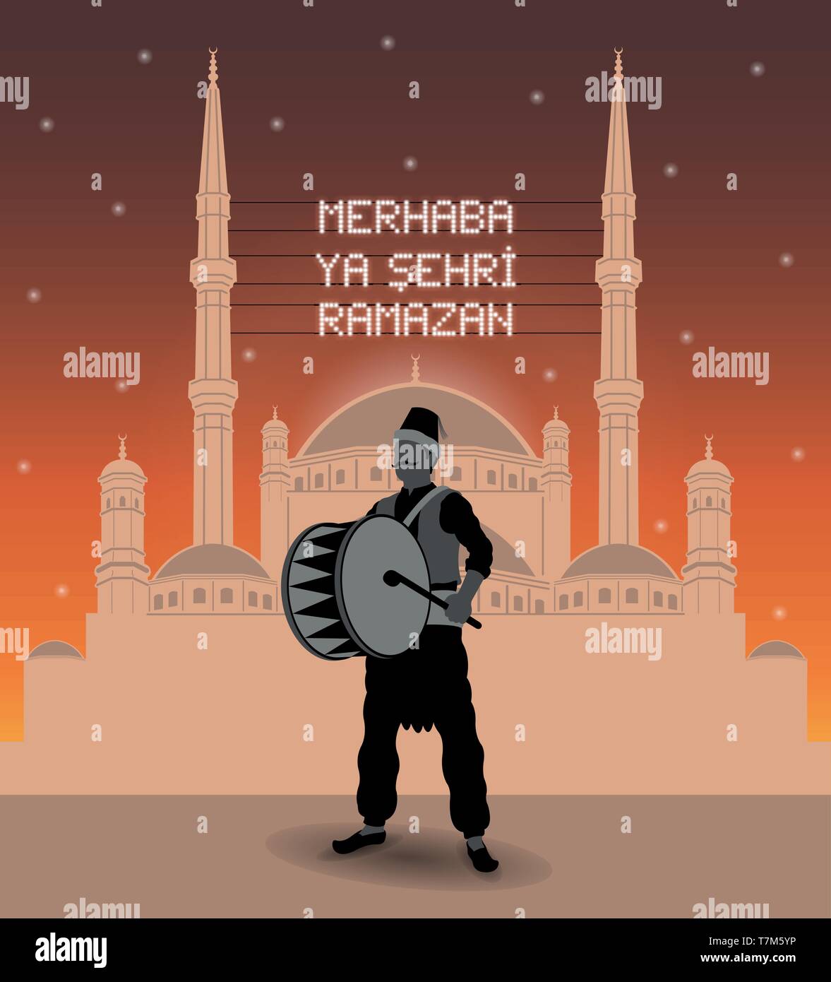 Ramadan drummer and mahya lights with a mosque silhouette (Turkish ...