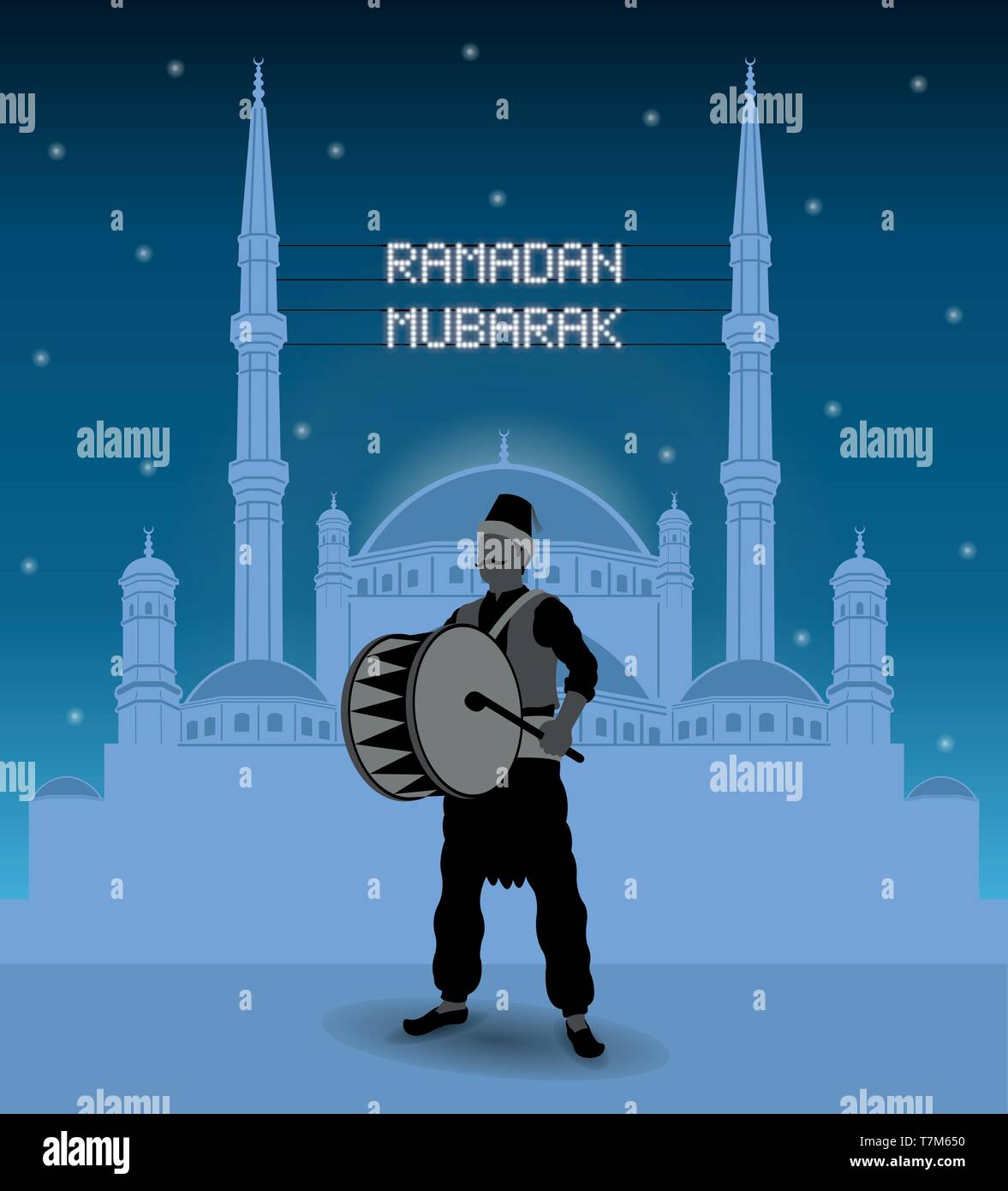 Ramadan mubarak mahya lights over a mosque with ramadan drummer. All ...