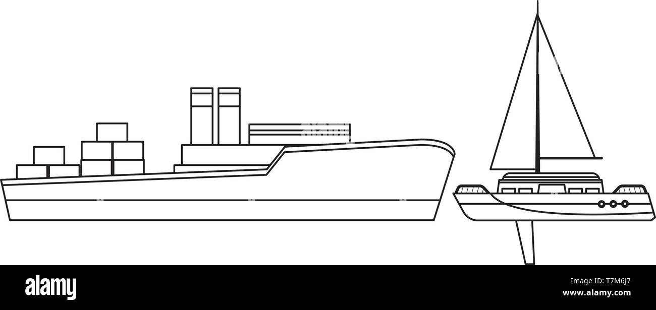 Sailboat ship marine travel cargo boat black and white Stock Vector ...