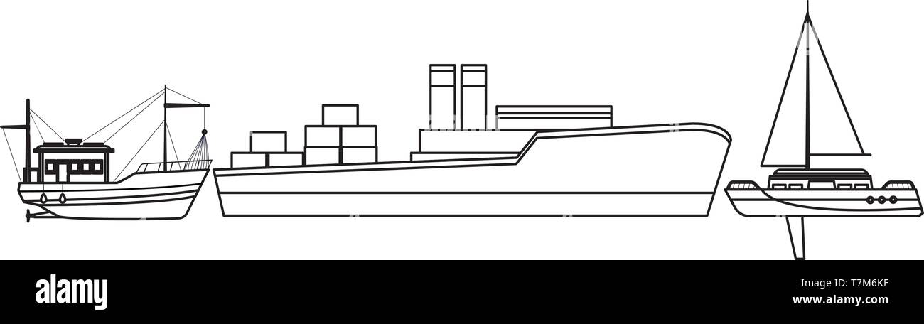 Cargo ship with container boxes fishing boat and sailboat black and ...