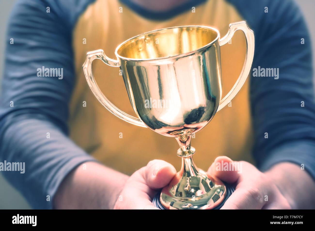 Closeup trophy on winner 's hands Stock Photo - Alamy