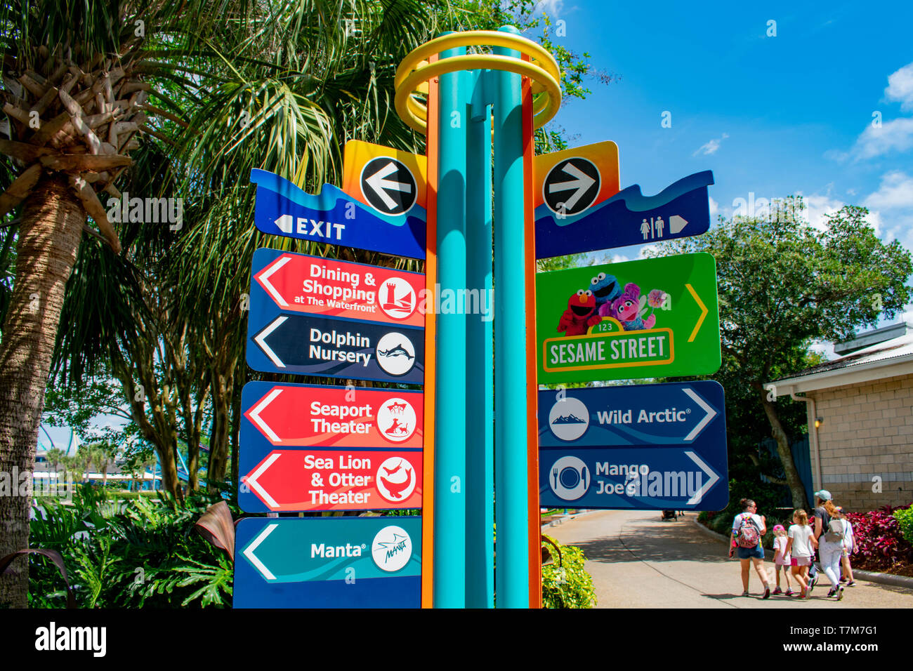 Orlando, Florida. April 7, 2019. Colorful attractions sign at Seaworld ...
