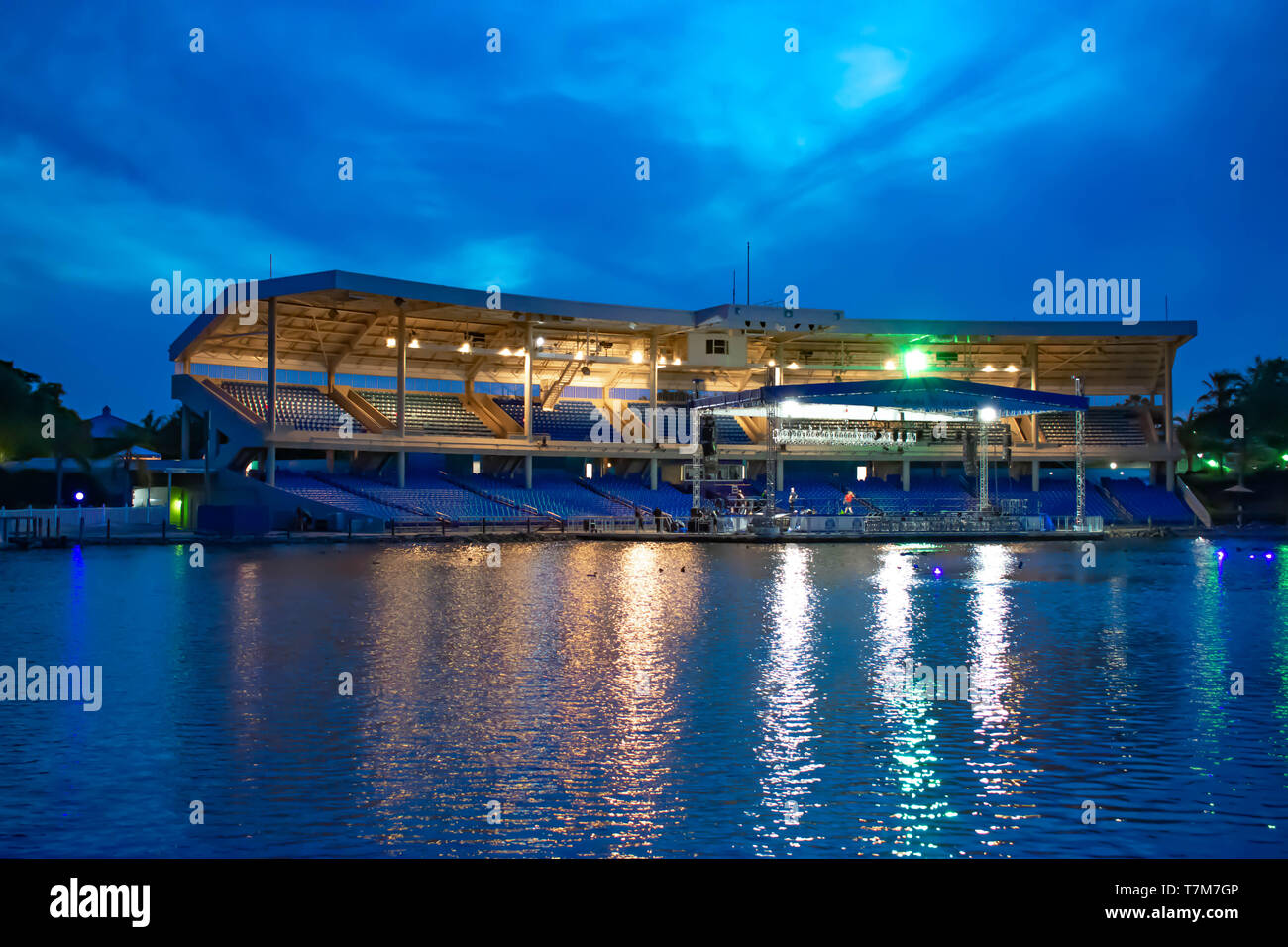 Orlando, Florida. April 7, 2019. Illuminated Bayside Stadium on blue ...
