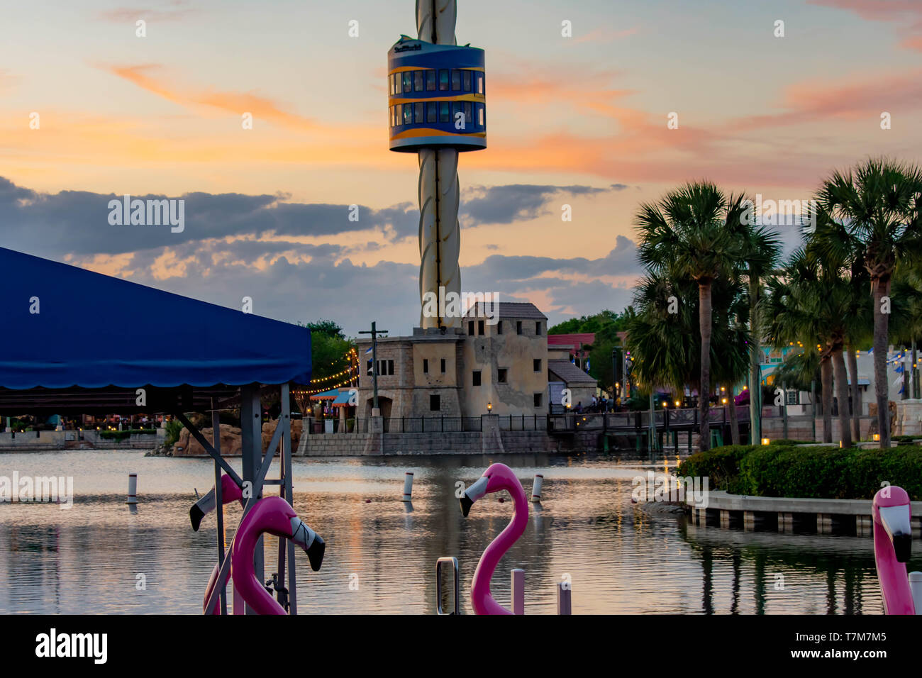Orlando, Florida. April 7, 2019. Partial view of swan paddle boats ...