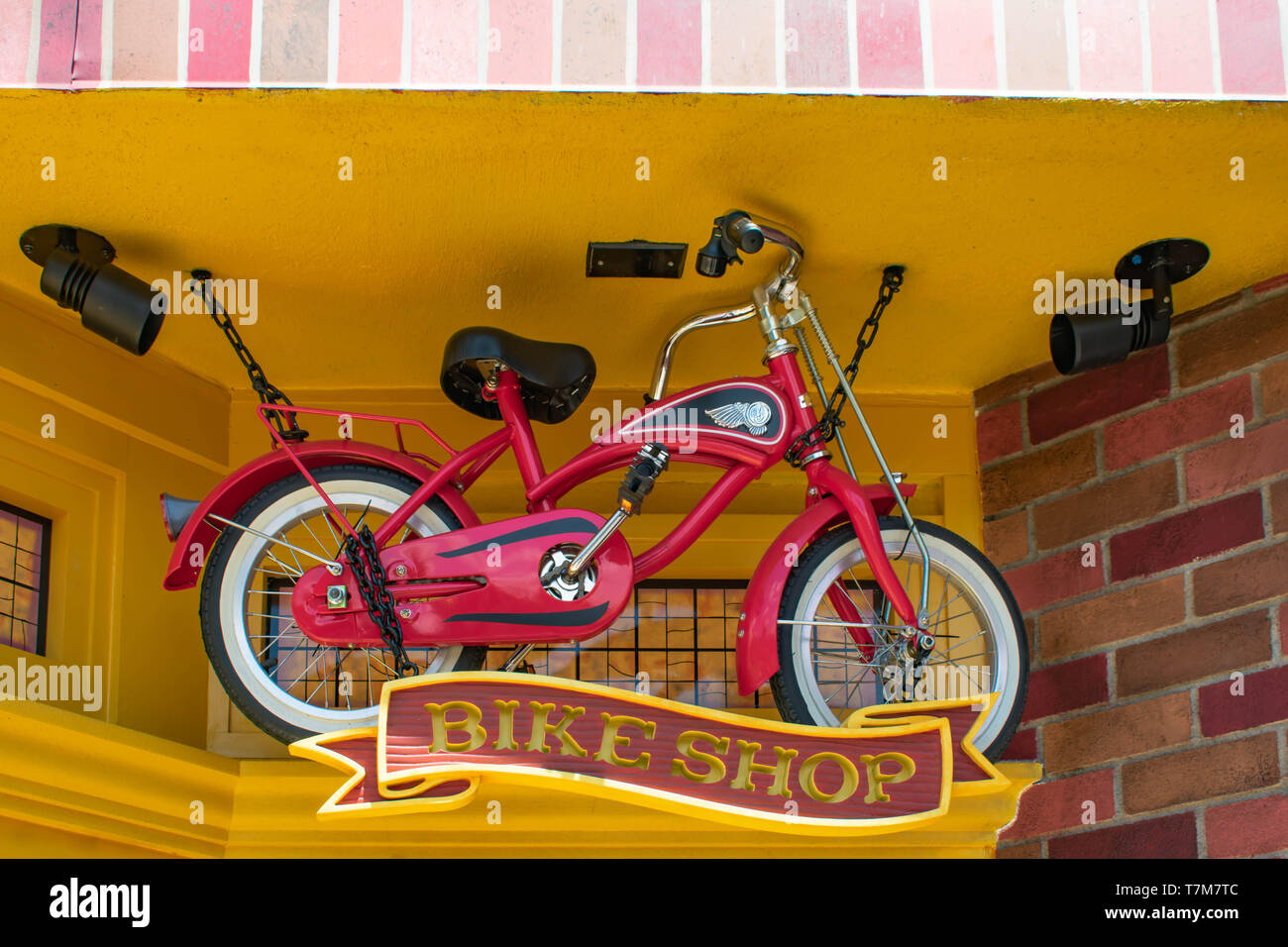 Orlando, Florida. April 7, 2019. Top view of original bike shop sign at ...