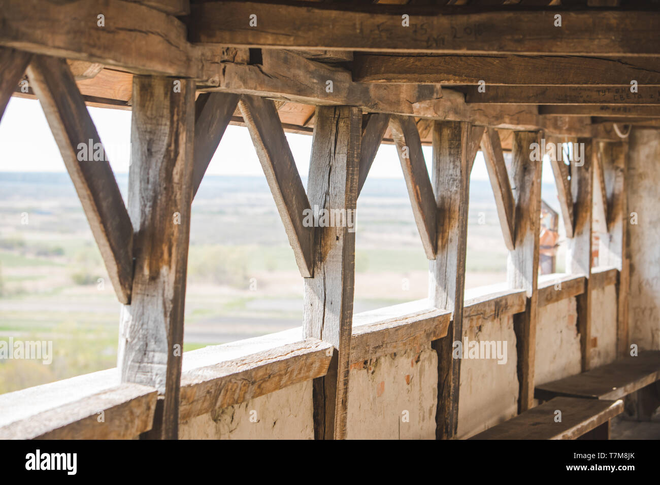 view of old wooden castle balcony. interior Stock Photo - Alamy