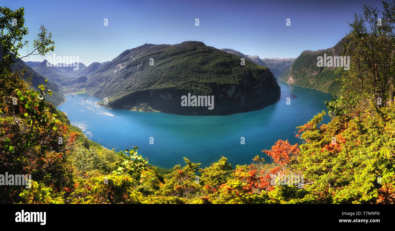 Panoramic aerial wide angle landscape of Geiranger fjord from mountain ...