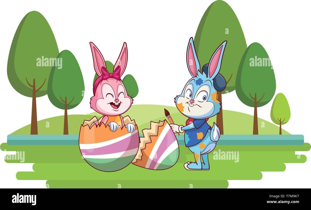 Cute easter bunny happy friends artist nature background trees Stock ...