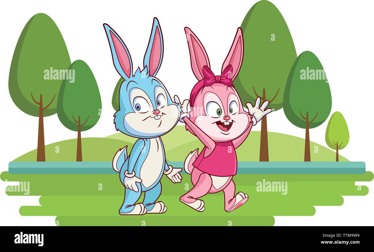 Cute easter bunny happy friends nature background trees Stock Vector ...
