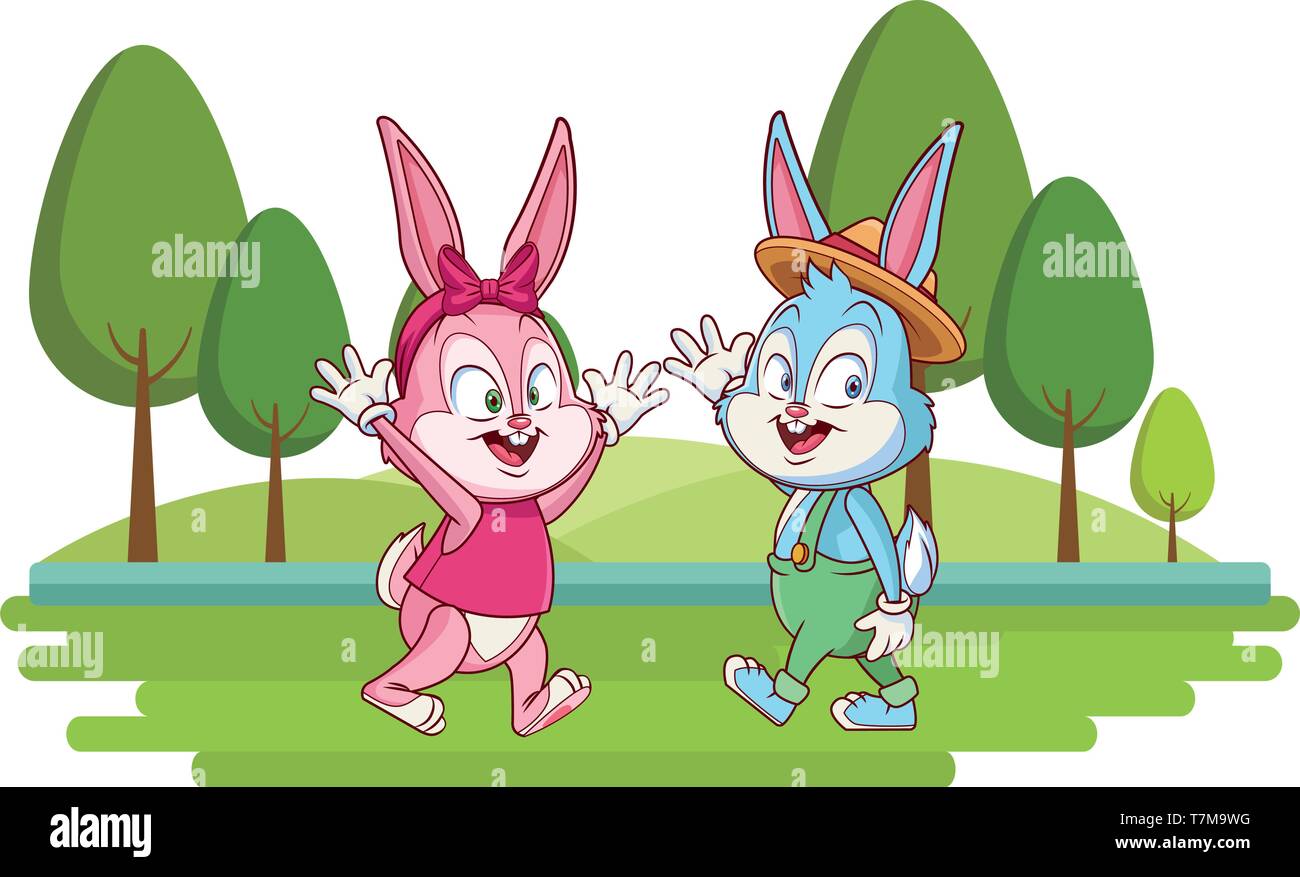 Cute easter bunny happy friends nature background trees Stock Vector ...