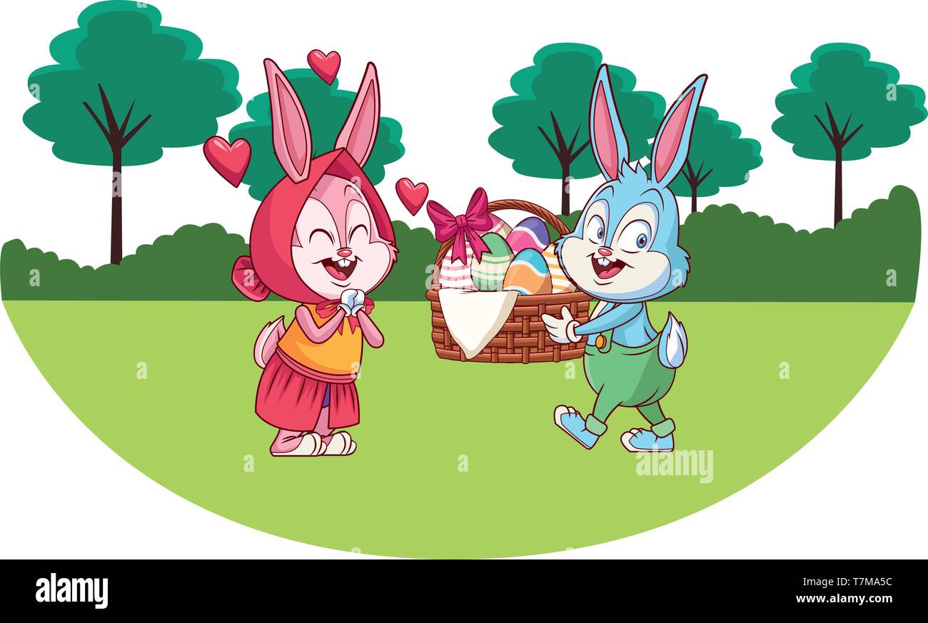 Cute easter bunny happy friends nature trees background round frame ...