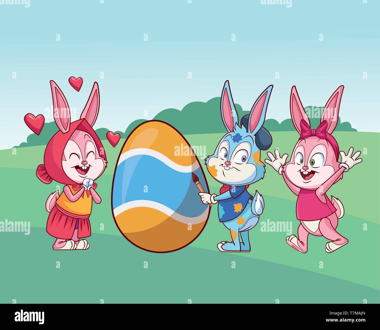 Cute easter bunny happy friends nature background bushes Stock Vector ...