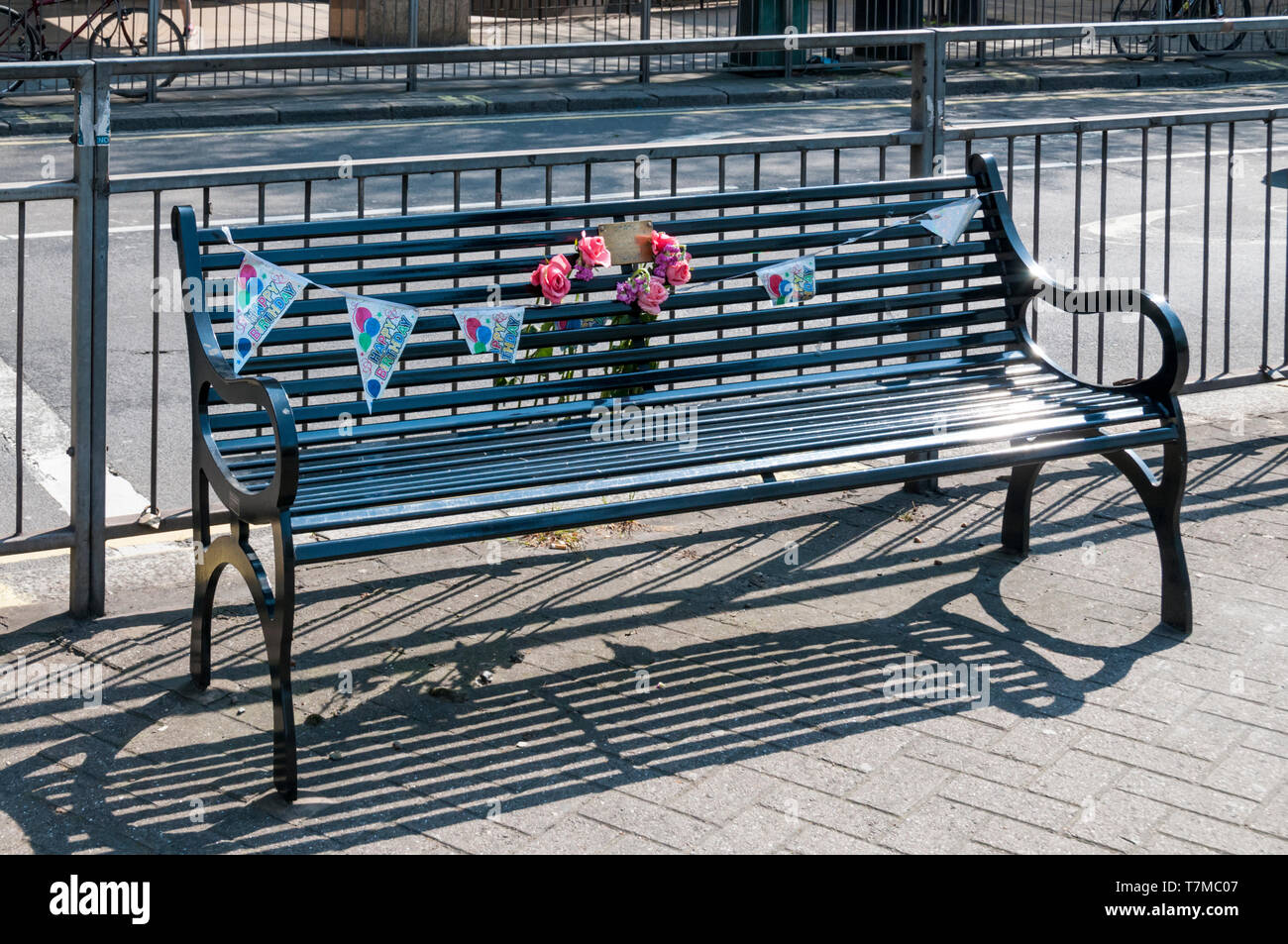 The Rik Mayall memorial 'Bottom' bench at Hammersmith Broadway. DETAIL ...
