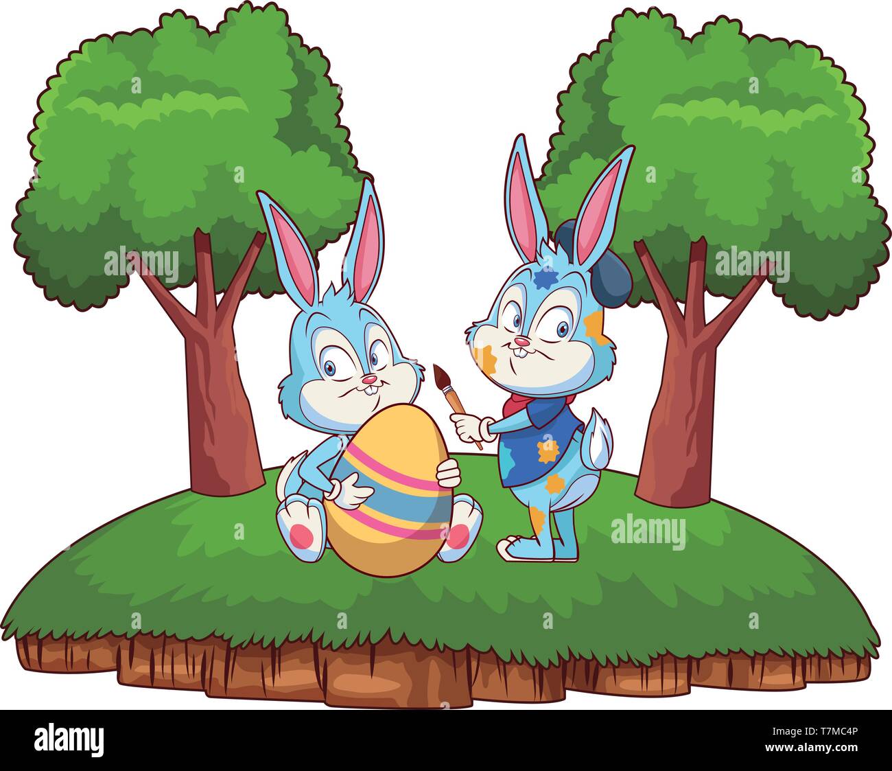Cute easter bunny happy friends artist nature background frame trees ...
