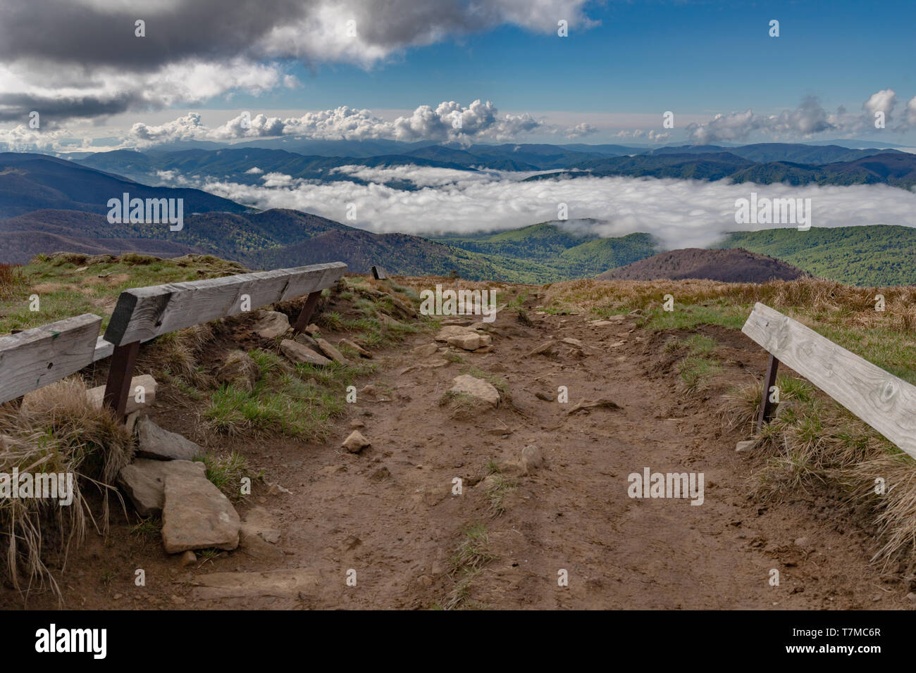 Mountains in Central Europe in the morning. The valley covered with a ...
