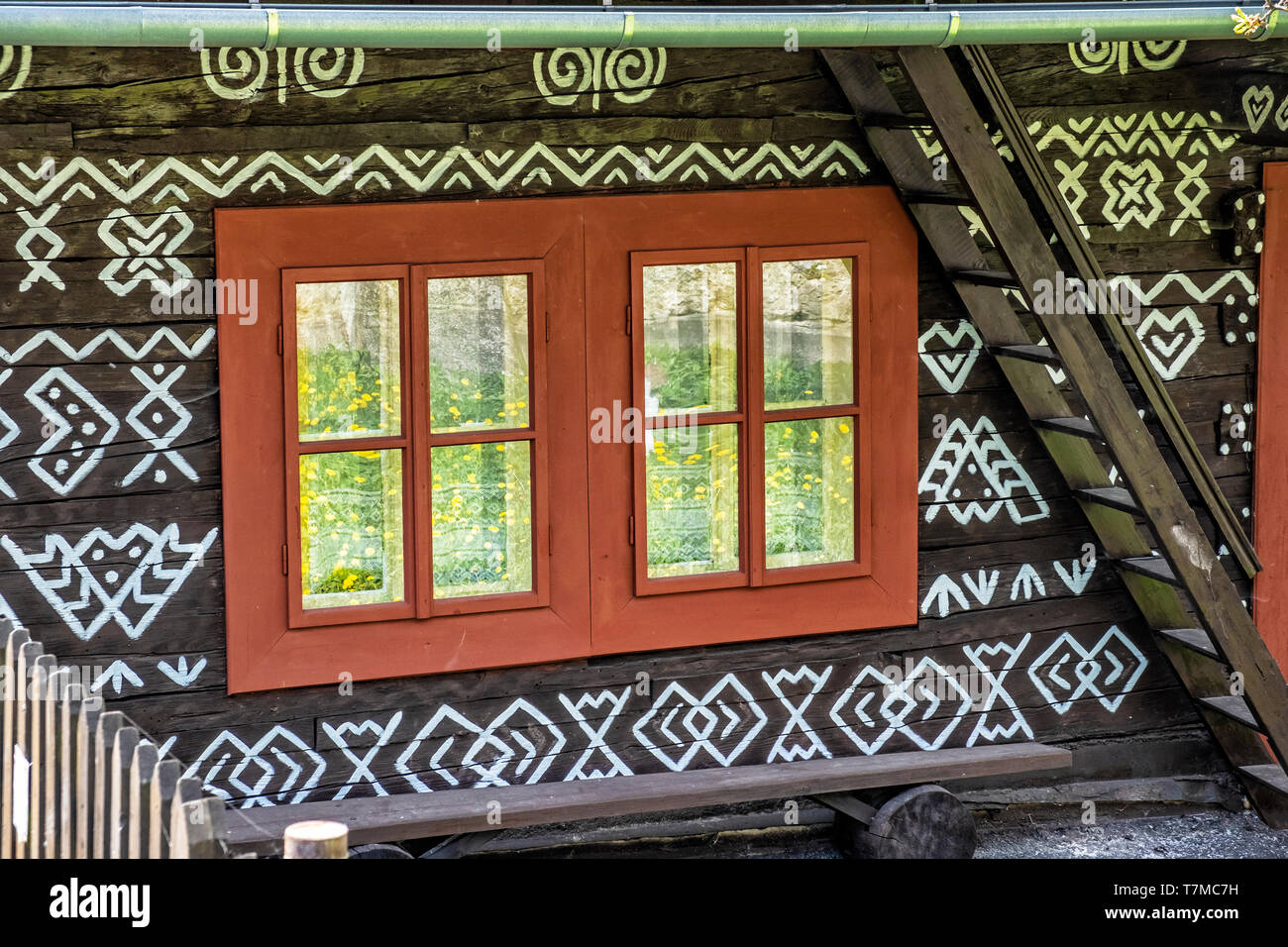 Detail of painted folk house, Cicmany village, Slovak republic ...