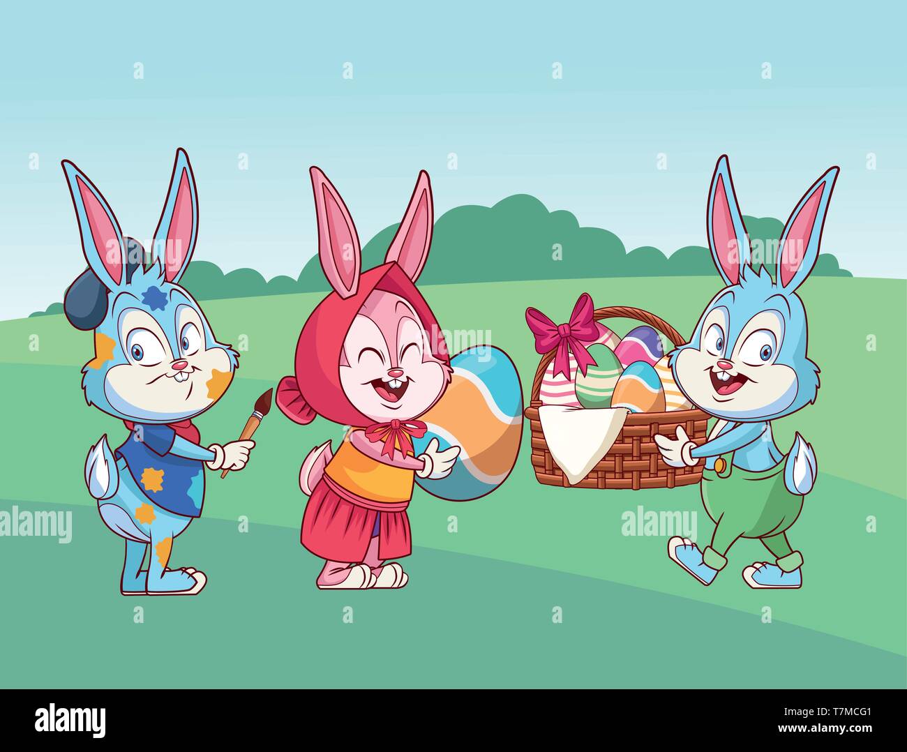 Cute easter bunny happy friends nature background bushes Stock Vector ...