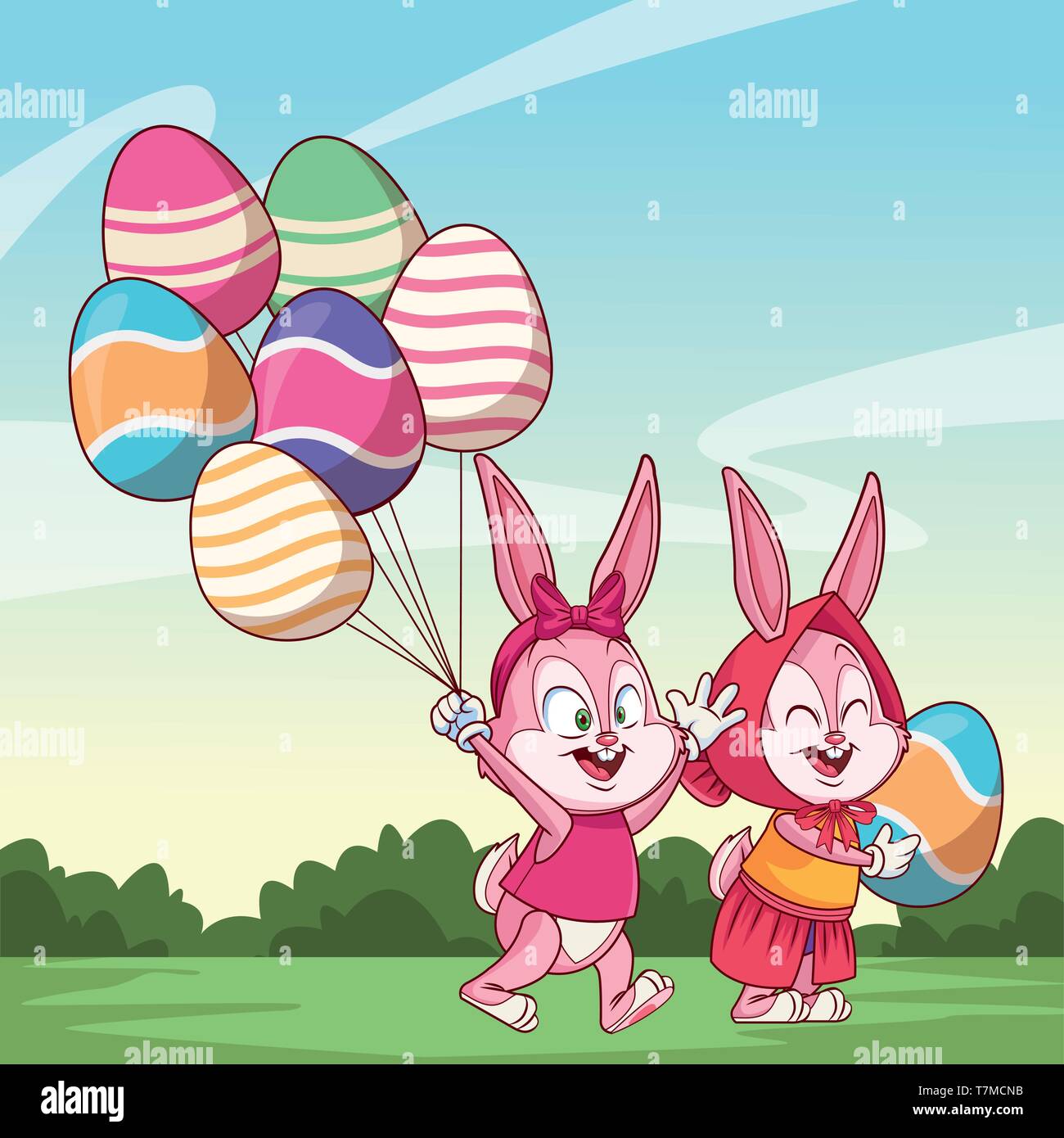 Cute easter bunny happy friends egg ballons nature background bushes ...