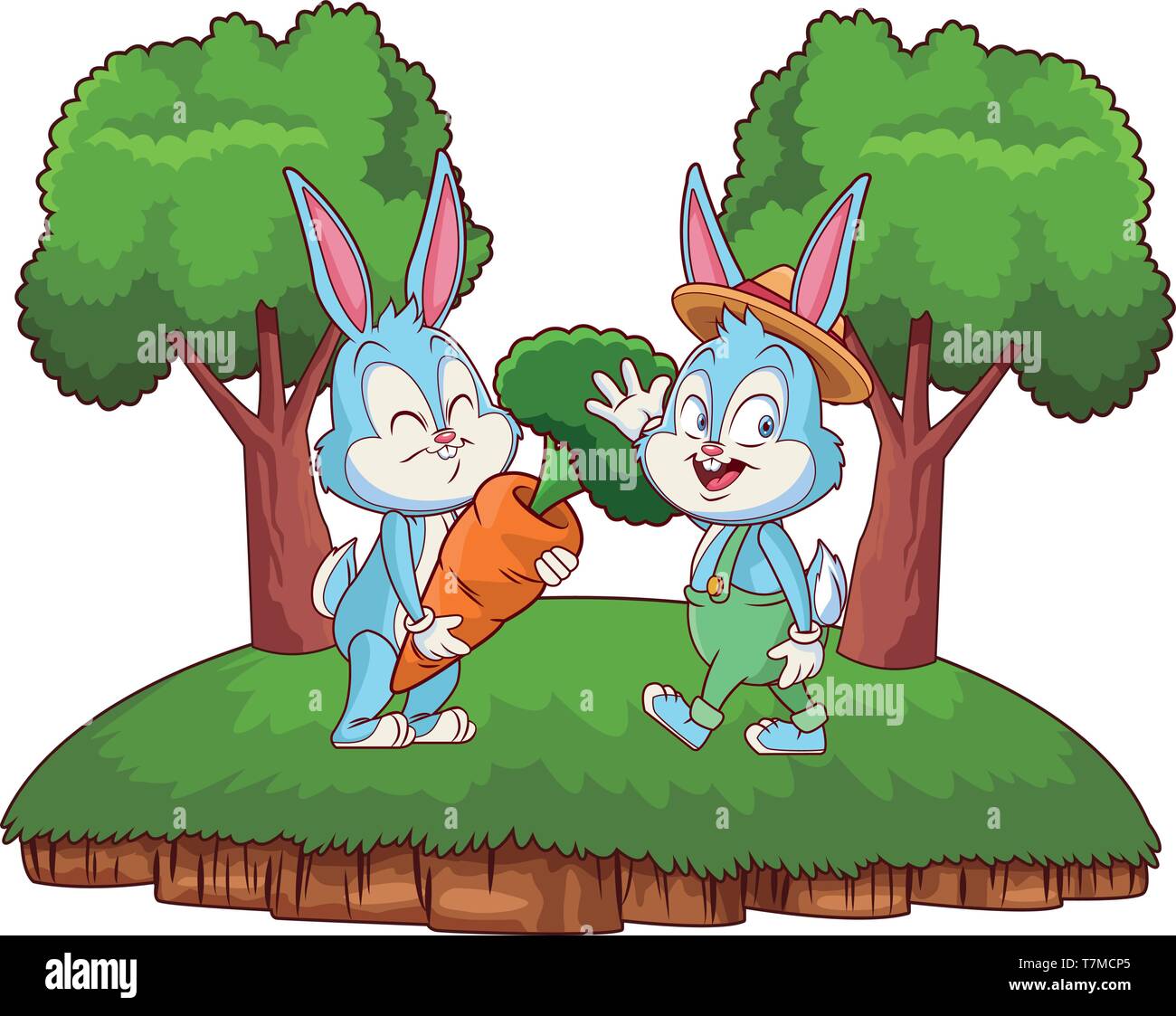 Cute easter bunny happy friends waving hello nature background frame ...