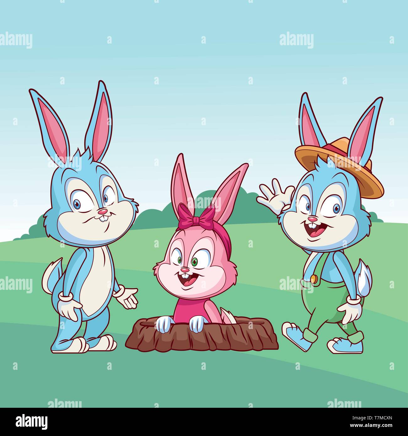 Cute easter bunny happy friends rabbit hole nature background bushes ...