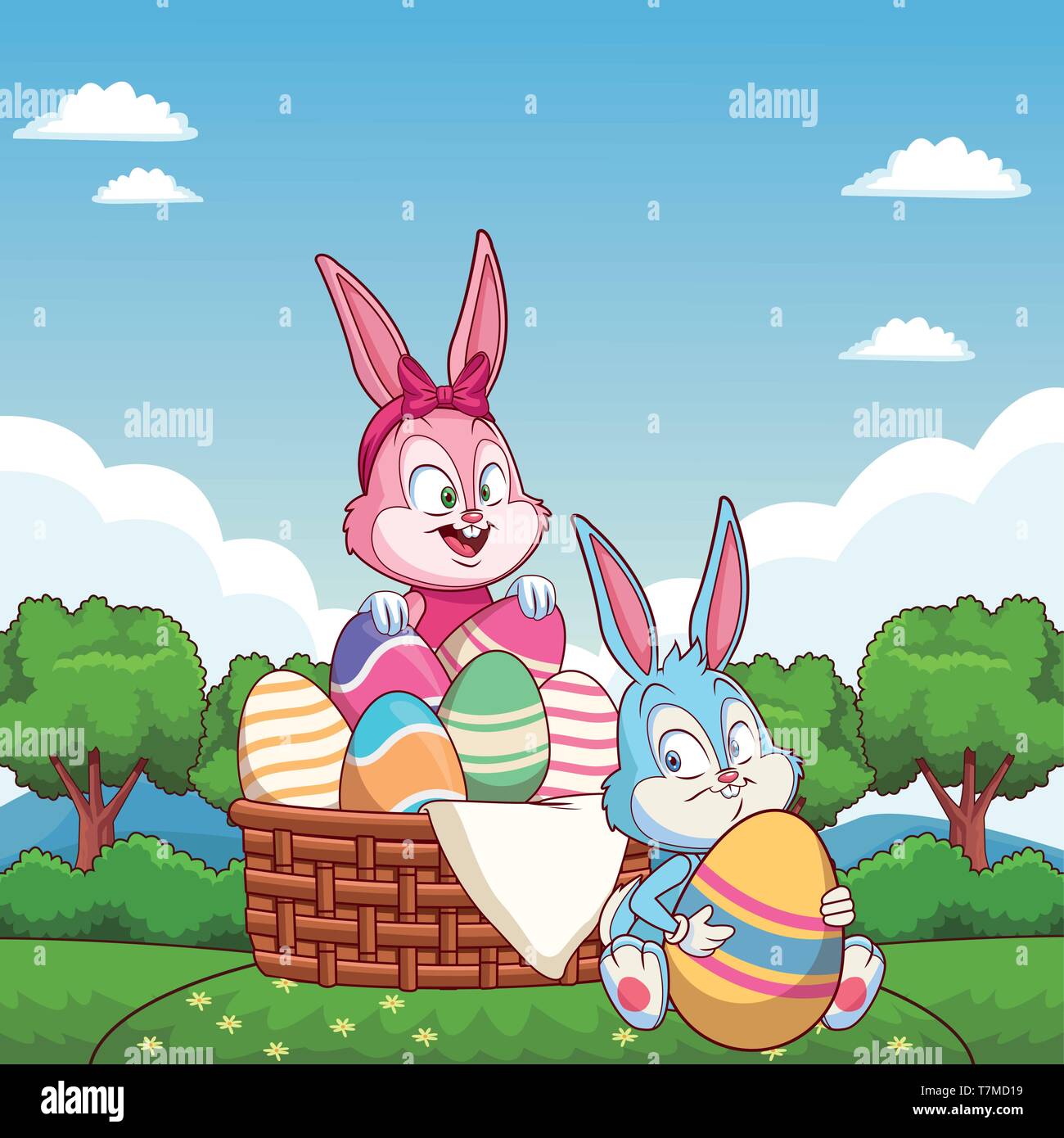 Cute easter bunny happy friends egg basket nature background trees ...