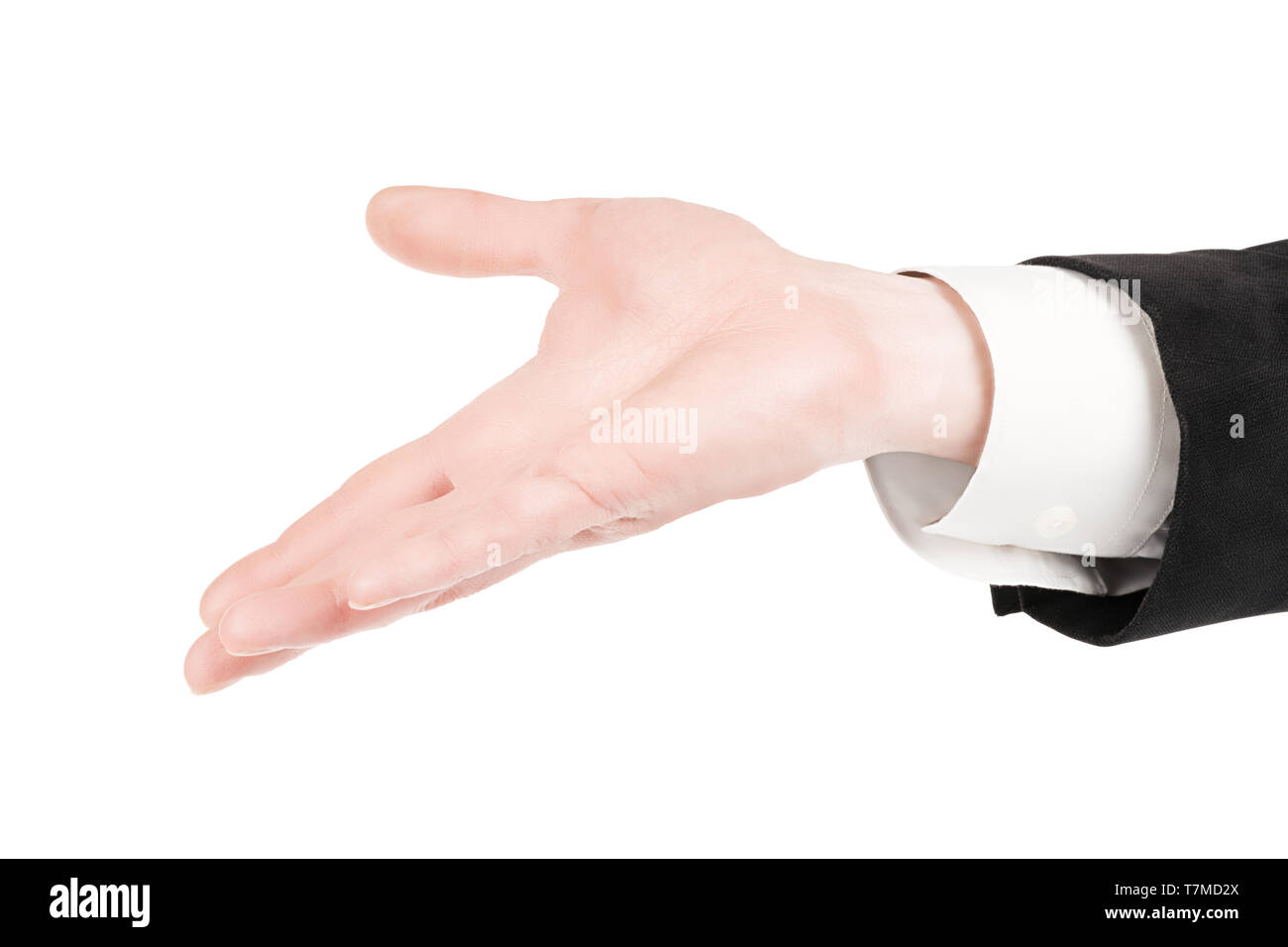 Man in suit open hand making giving or supporting gesture. Isolated on ...