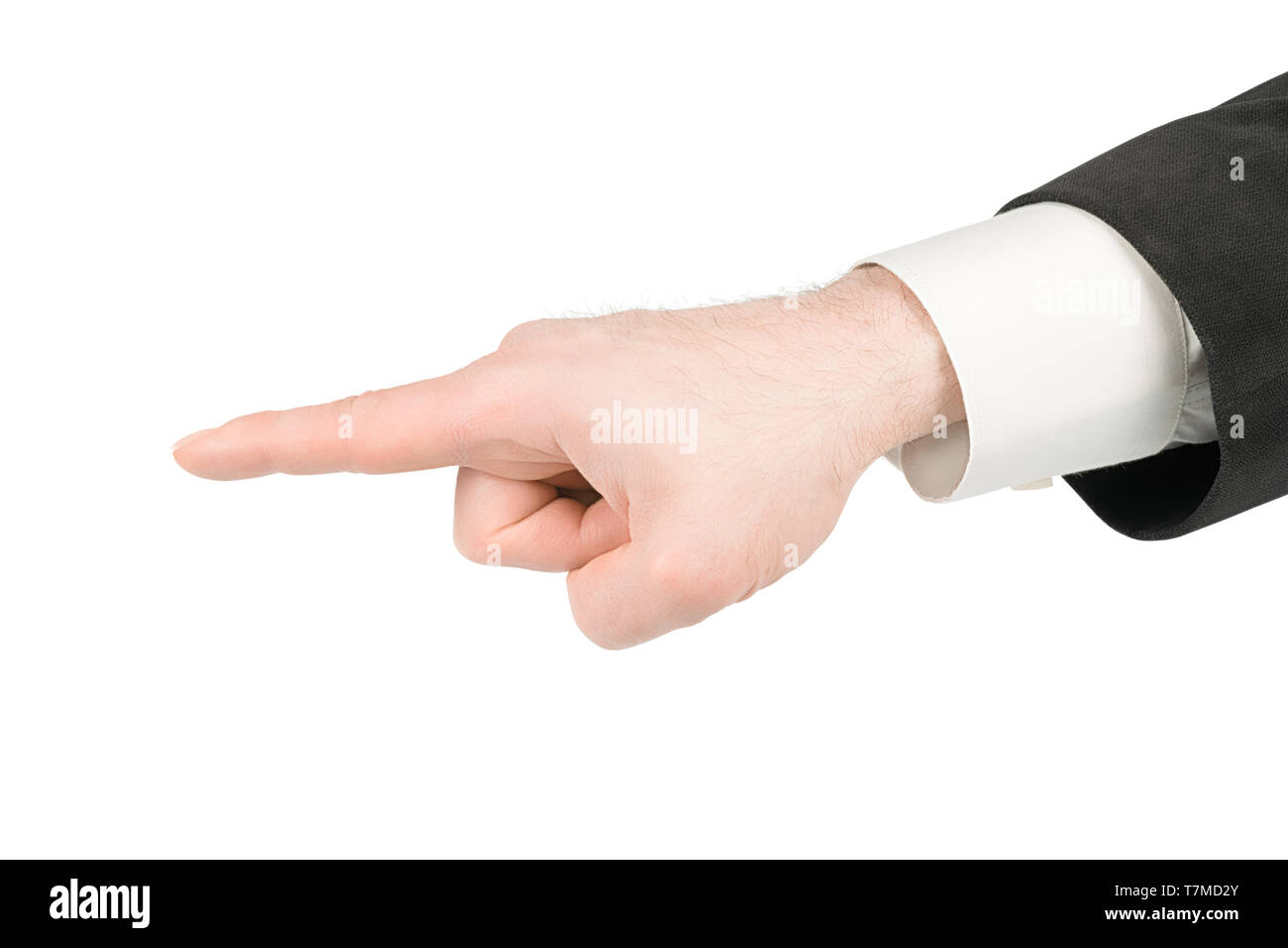 Man in suit hand making pointing finger gesture. Isolated on white ...