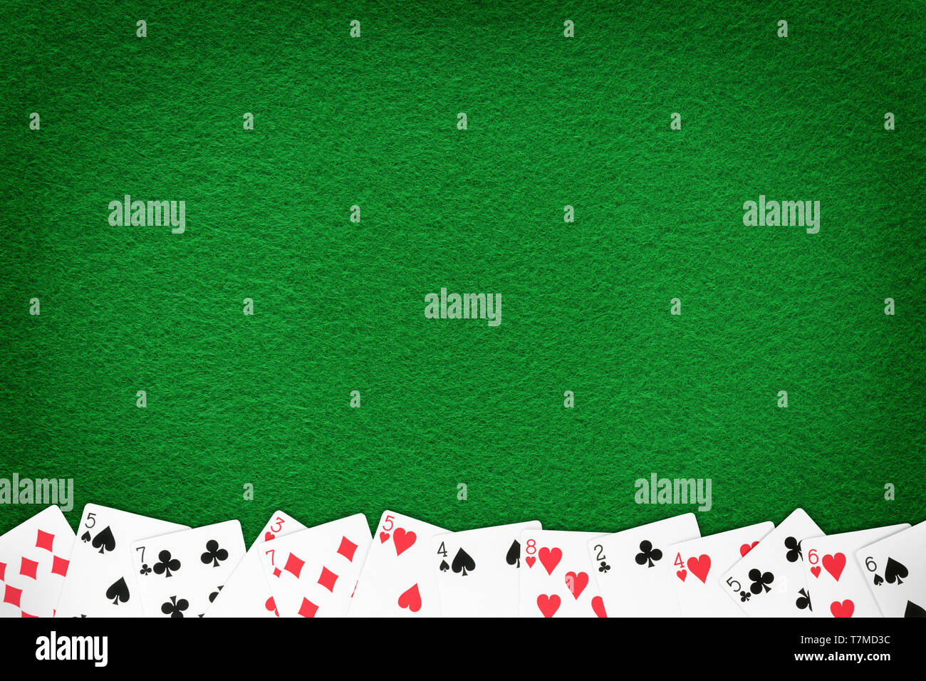 Green casino felt table with cards row. Gambling theme template and ...