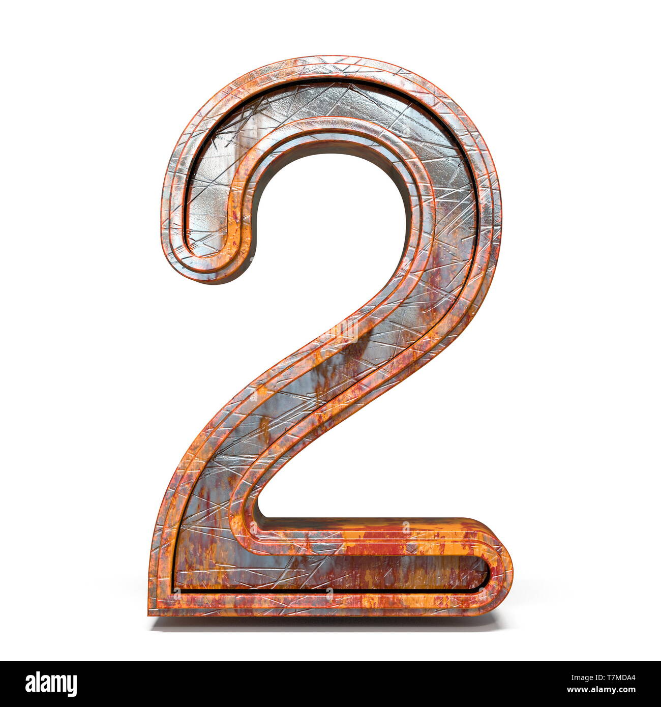Rusty metal font Number 2 TWO 3D render illustration isolated on white ...