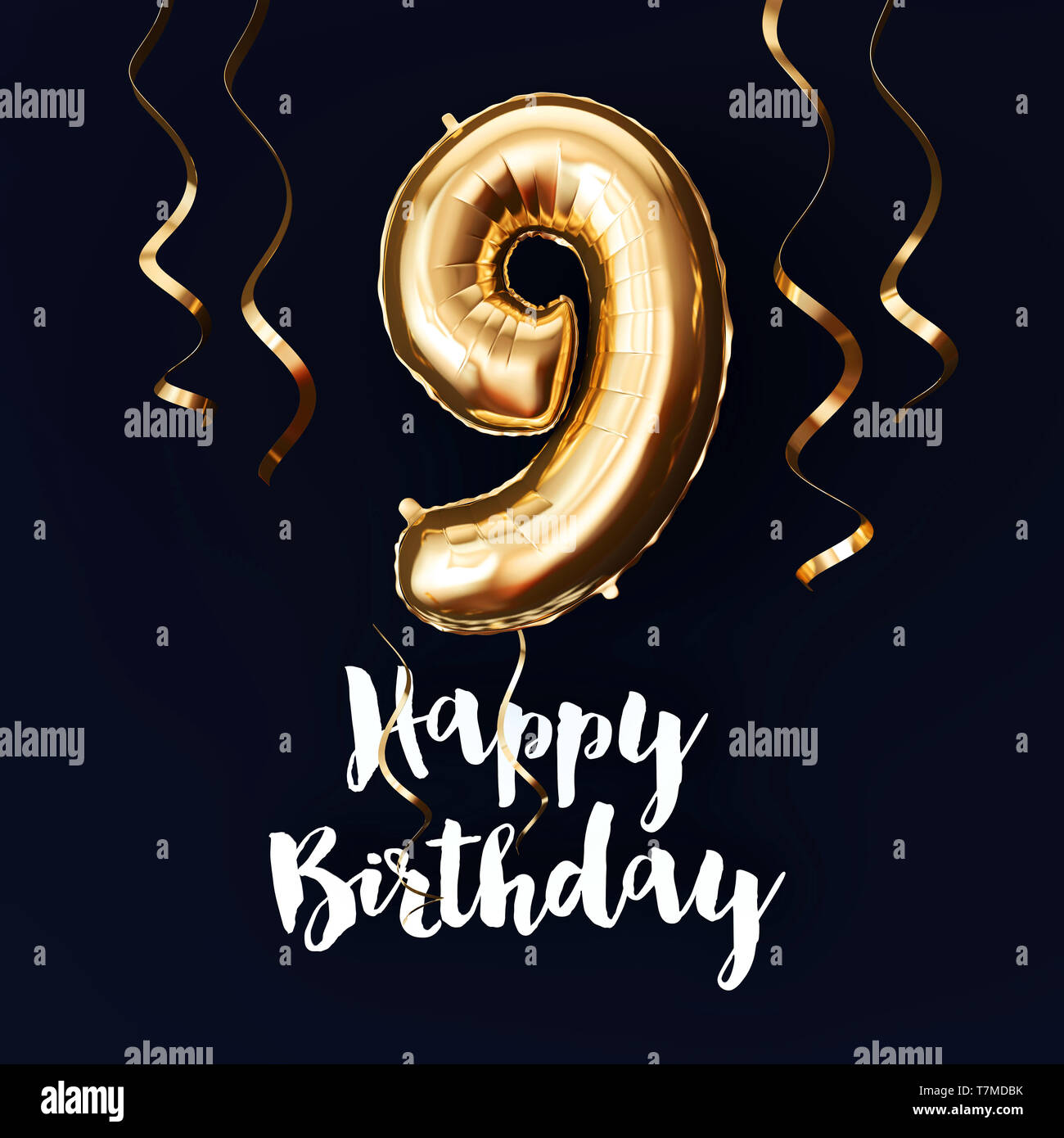 Happy 9th Birthday gold foil balloon background with ribbons. 3D Render ...