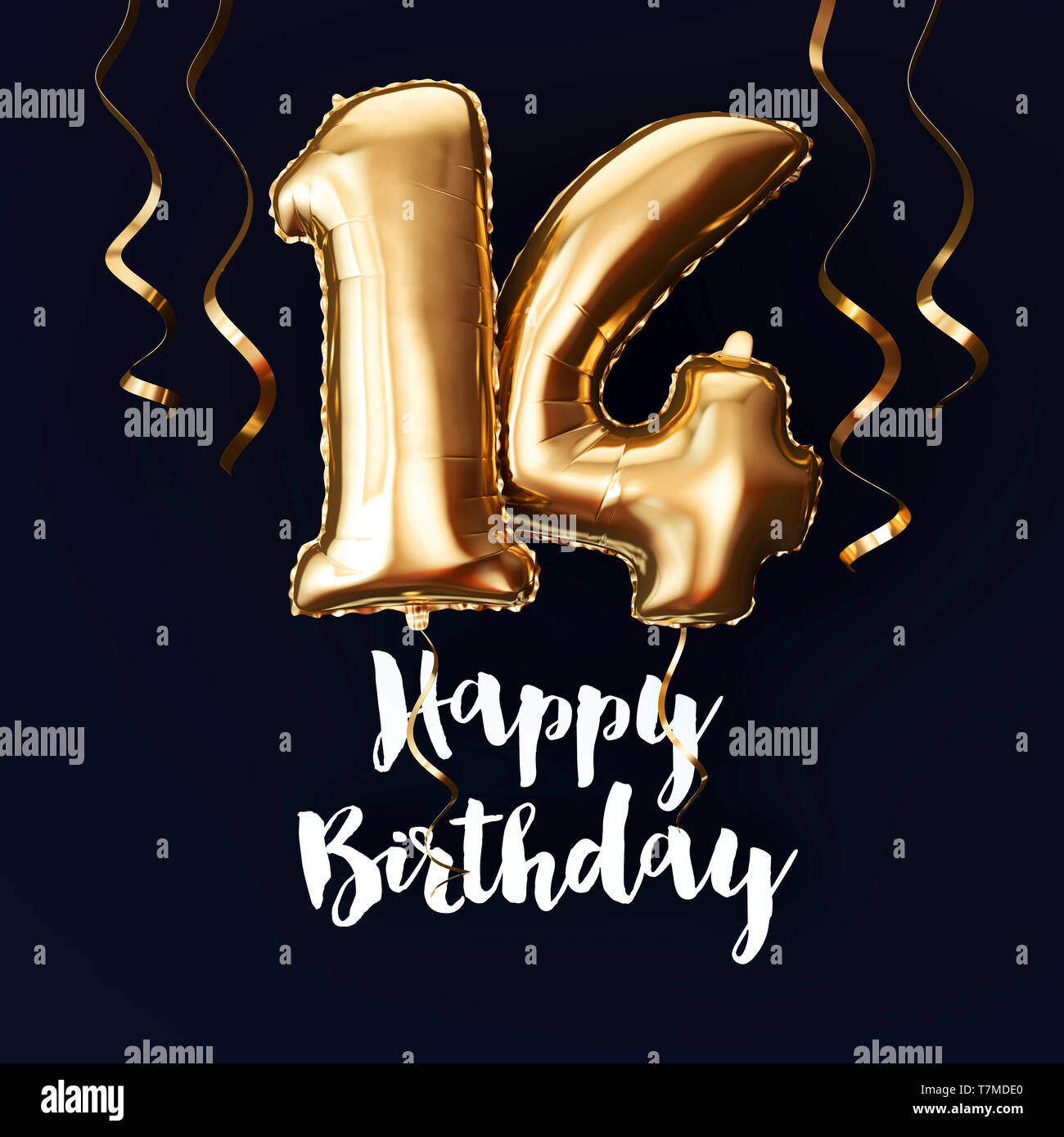 Happy 14th Birthday gold foil balloon background with ribbons. 3D ...