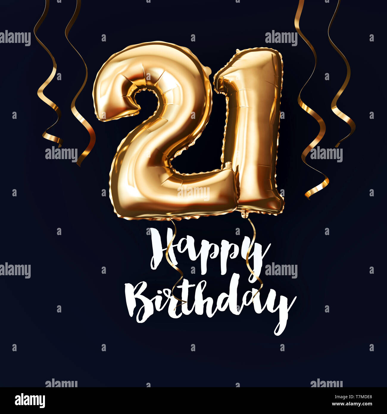 Happy 21st Birthday gold foil balloon background with ribbons. 3D ...