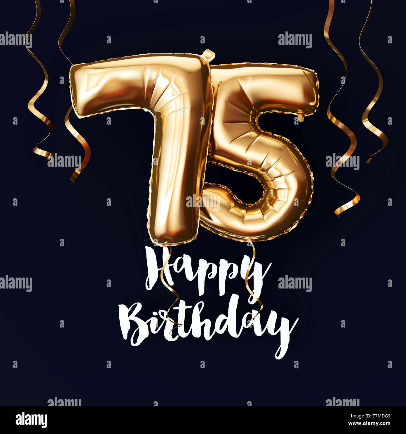 Happy 75th Birthday gold foil balloon background with ribbons. 3D ...