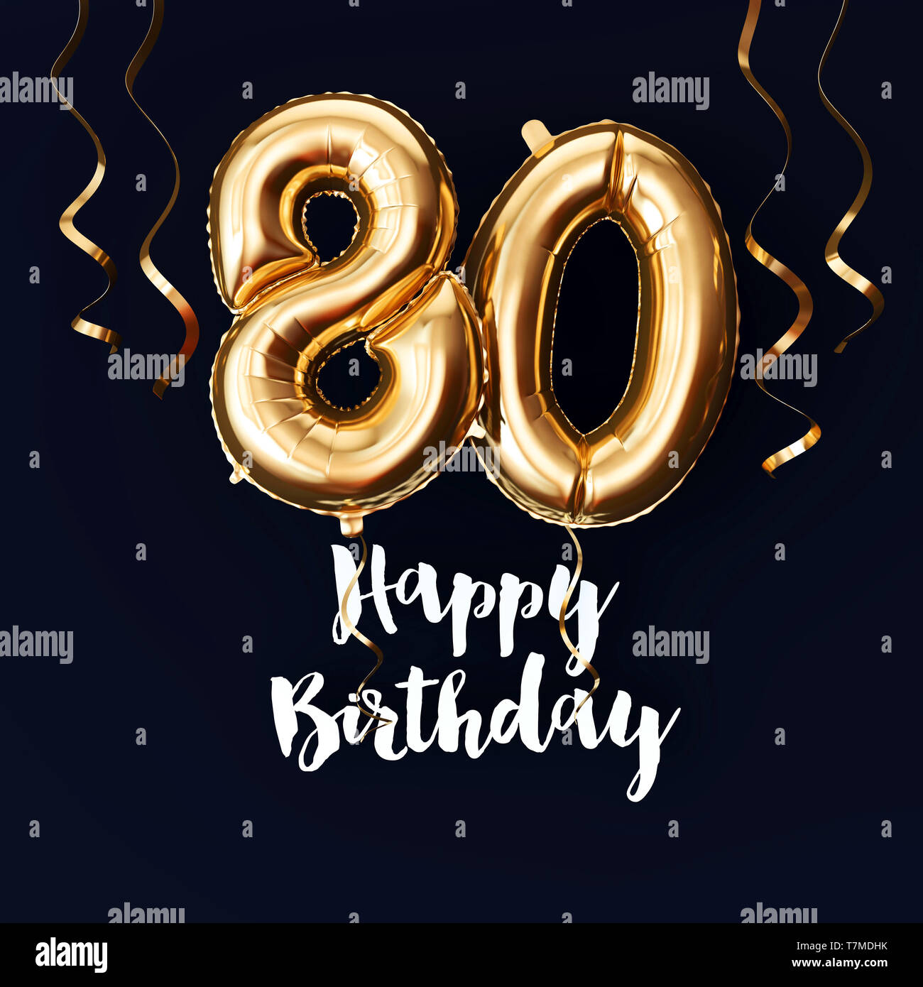 Happy 80th Birthday gold foil balloon background with ribbons. 3D ...