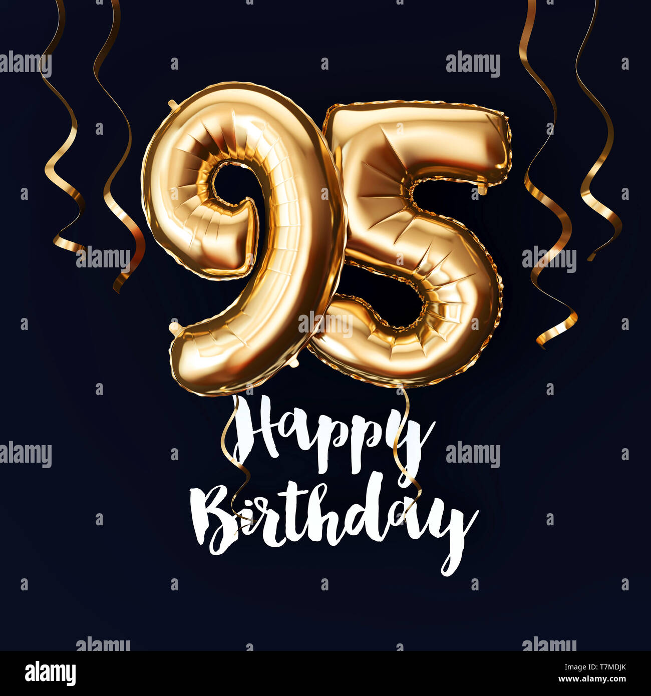 Happy 95th Birthday gold foil balloon background with ribbons. 3D ...
