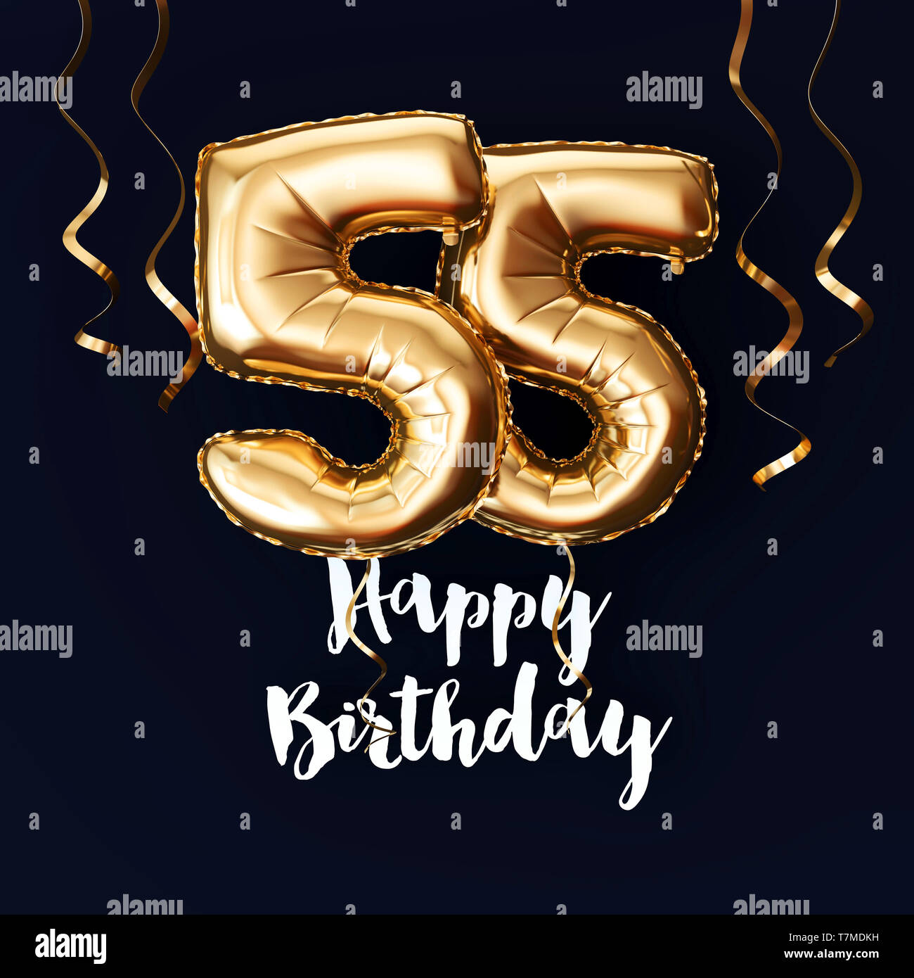 Happy 55th Birthday gold foil balloon background with ribbons. 3D ...