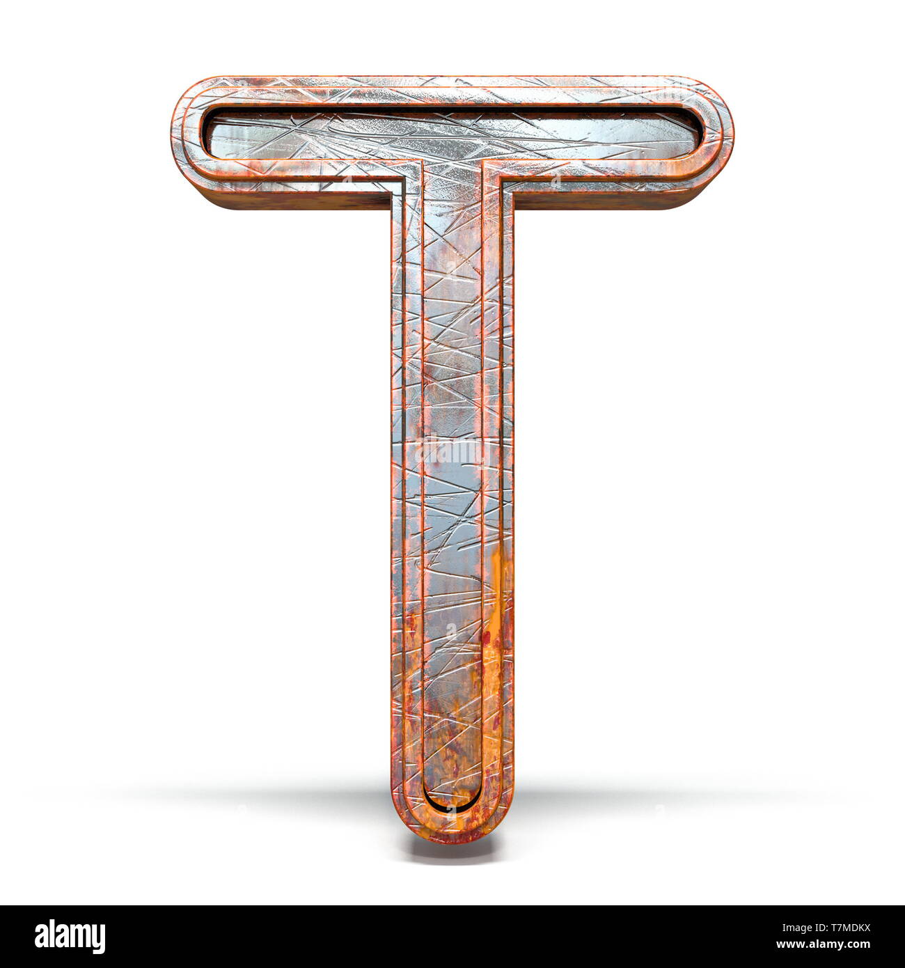 Rusty metal font Letter T 3D render illustration isolated on white ...