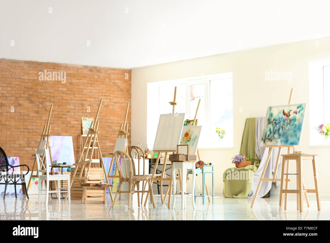 Interior of artist's workshop prepared for painting classes Stock Photo ...
