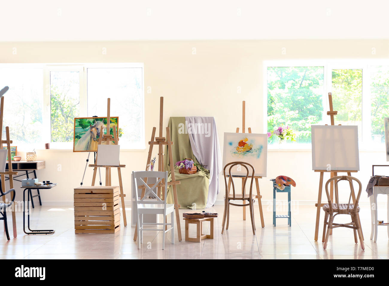 Interior of artist's workshop prepared for painting classes Stock Photo ...
