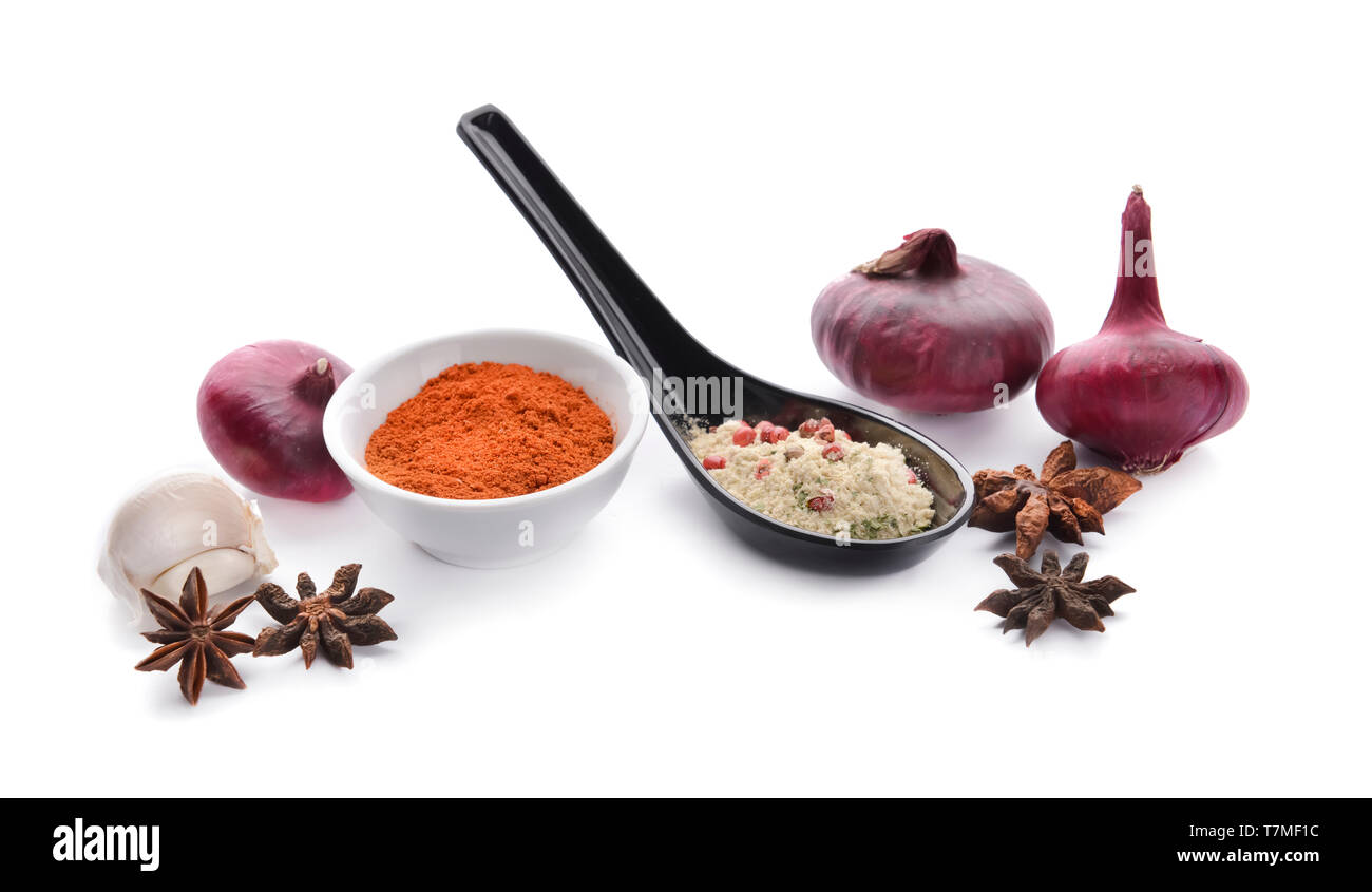 Composition with spices on white background Stock Photo - Alamy