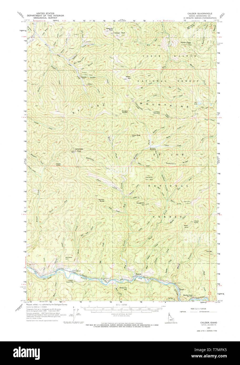 USGS TOPO Map Idaho ID Calder 238969 1957 62500 Restoration Stock Photo ...