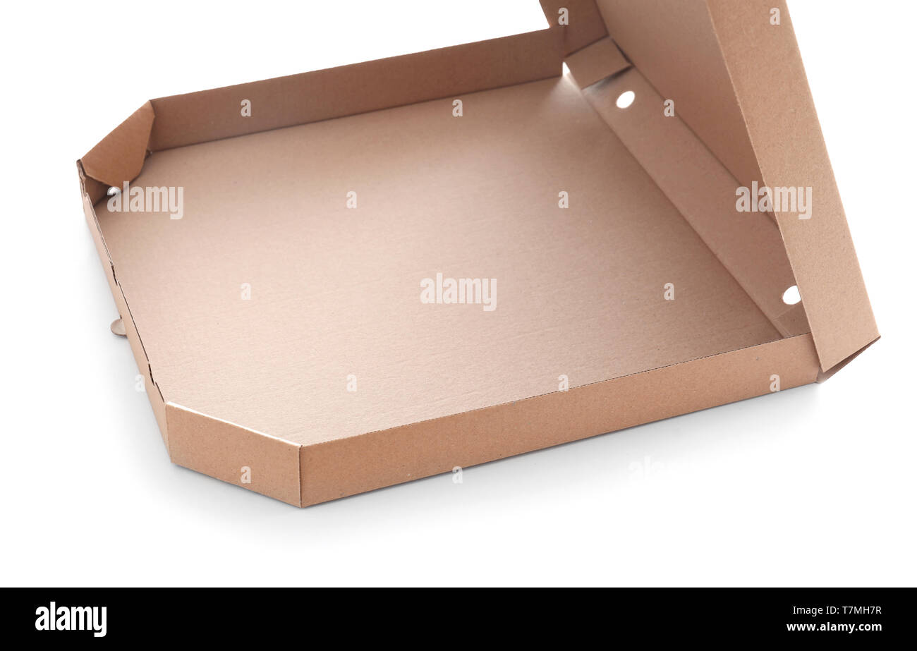 Open cardboard pizza box on white background Stock Photo - Alamy