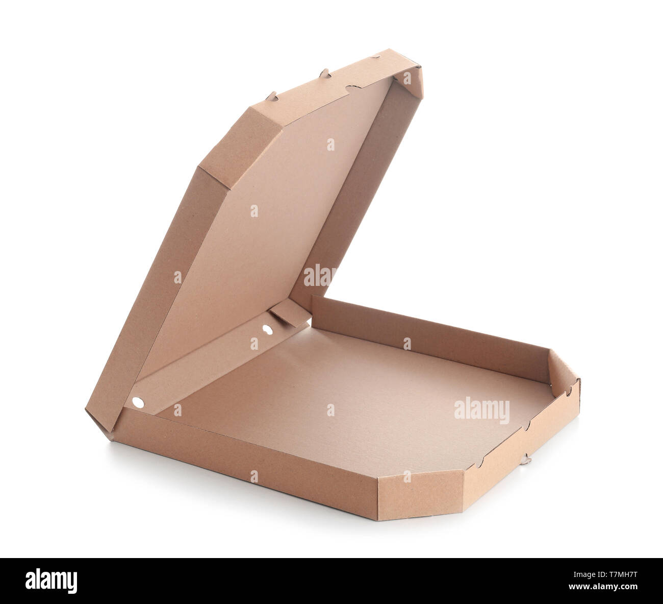 Open cardboard pizza box on white background Stock Photo - Alamy