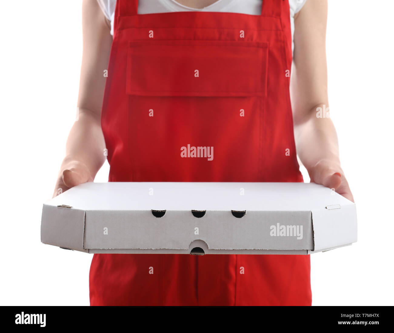 Delivery woman with cardboard pizza box on white background Stock Photo ...