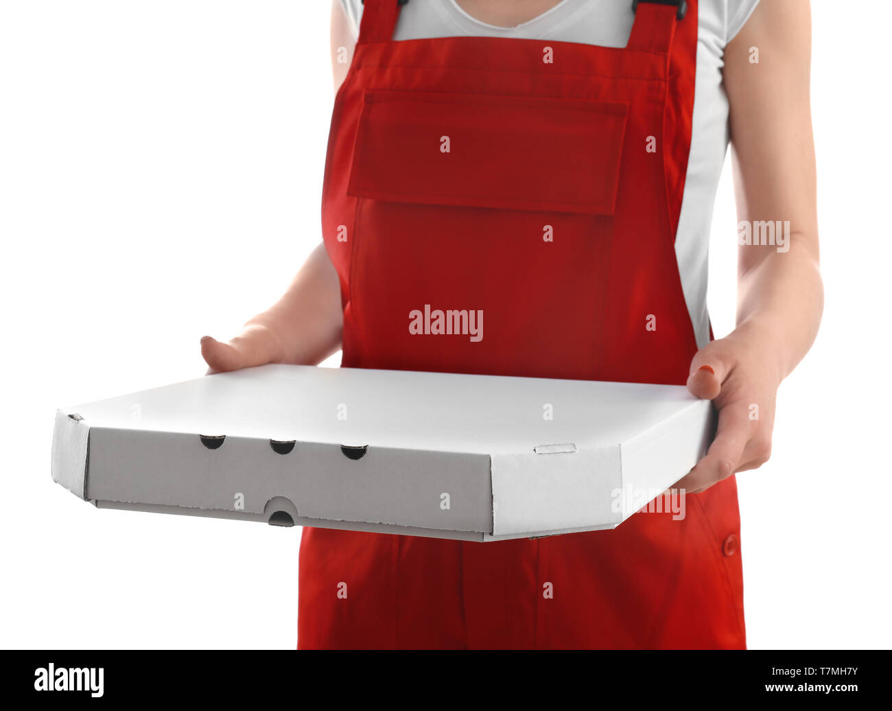 Delivery woman with cardboard pizza box on white background Stock Photo ...