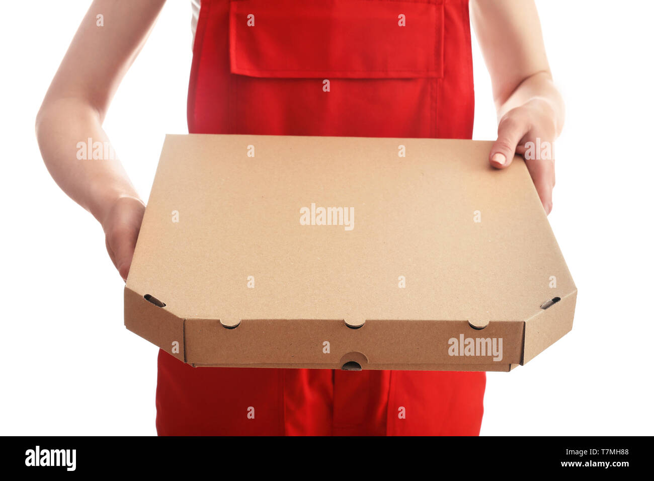 Delivery woman with cardboard pizza box on white background Stock Photo ...